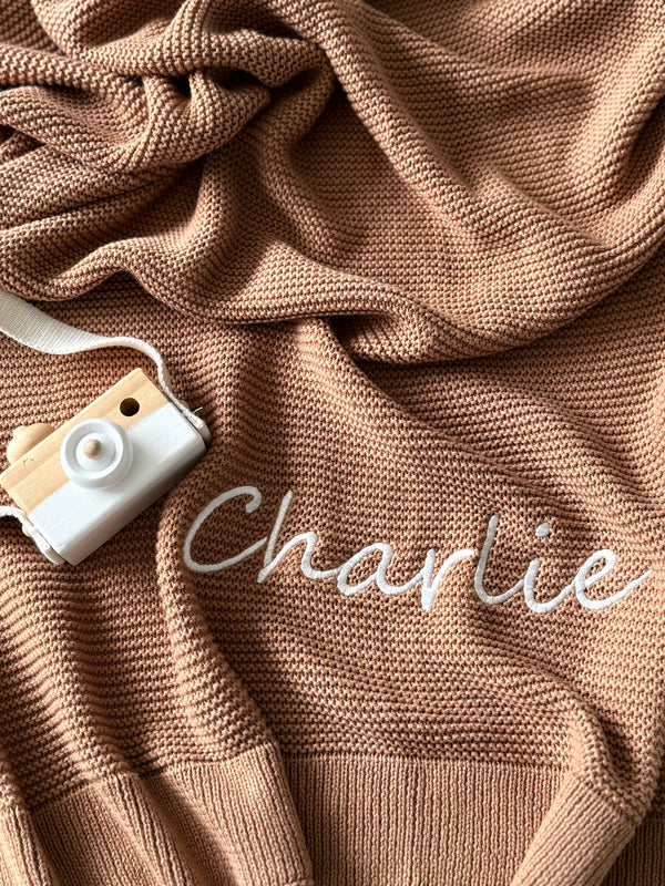 Personalised Baby Blanket - Knitted - Mocha - Oti & Marn